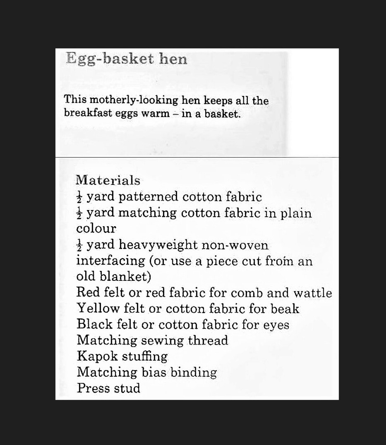 Vintage Sewing Pattern Egg Basket Hen Chicken Bun Bread Warmer Cover ...