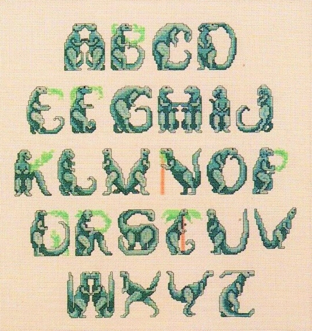 Vintage Cross Stitch Pattern Dinosaur Alphabet Font Abcs PDF Instant ...