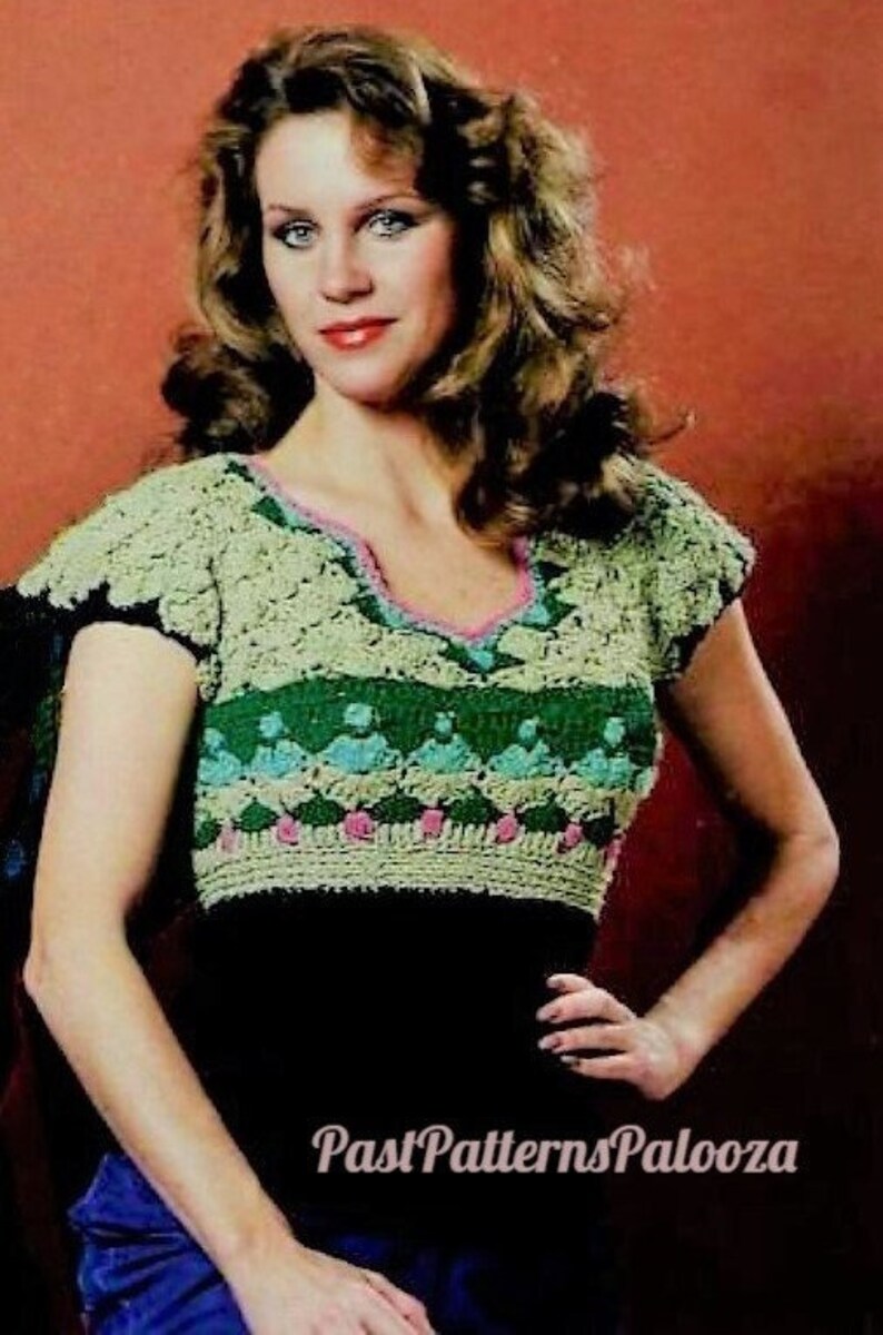 Vintage Crochet Pattern Womens Pretty Torso Hugger Cap Sleeved Shells ...