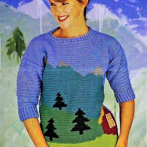 Vintage Crochet Pattern Northern Mountains Picture Sweater Winter and ...
