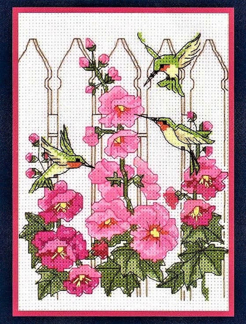 Vintage Cross Stitch Pattern Hummingbirds & Hollyhocks PDF Instant ...