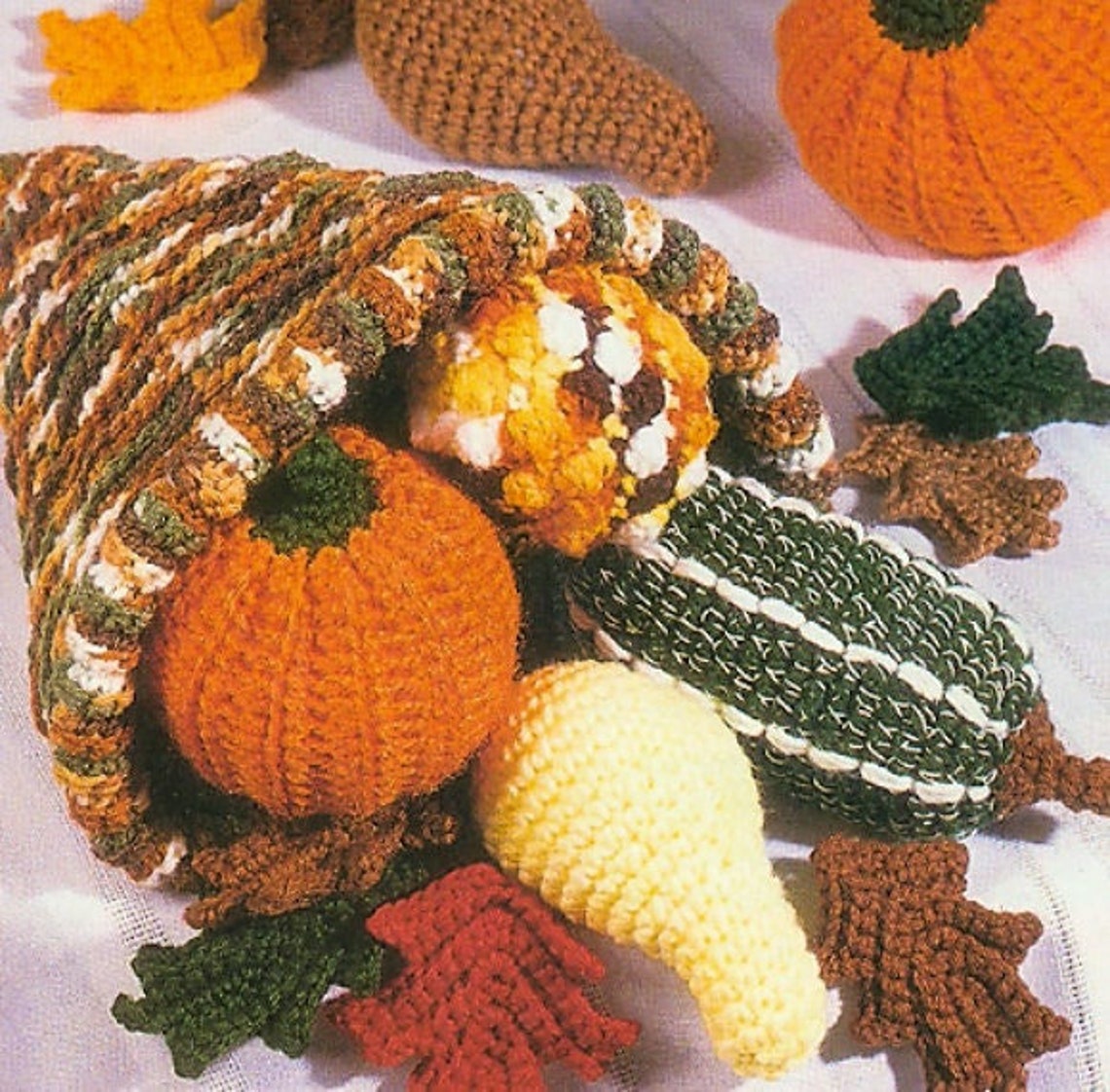 Vintage Crochet Pattern 11" Thanksgiving Cornucopia Pumpkin Squash ...