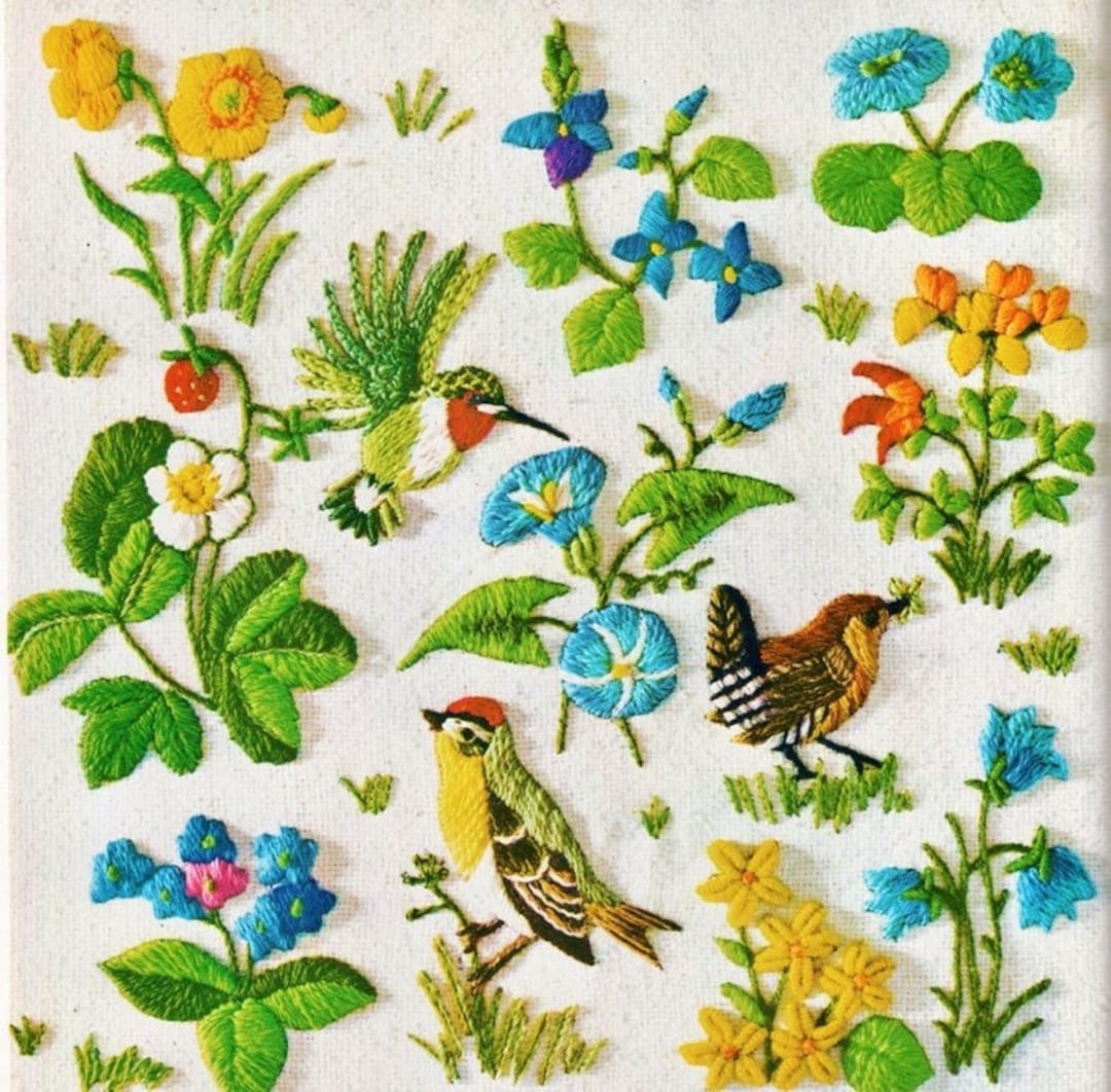 Vintage Crewel Embroidery Pattern Spring Birds Berries Plants Flower ...