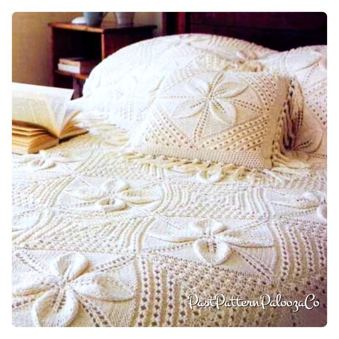 Vintage Knitting Pattern Raised Apricot Leaf Blanket Counterpane Afghan Bedspread Throw Cushion ...