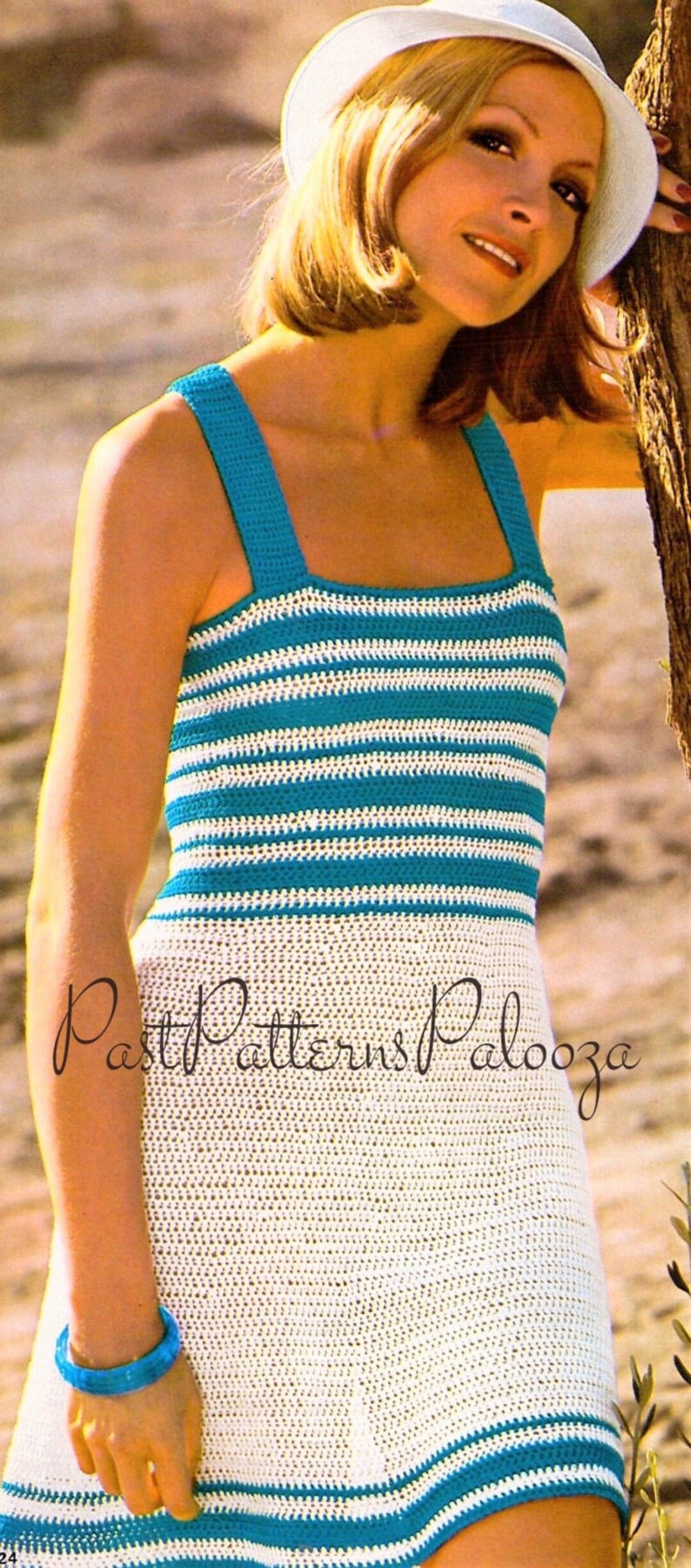 Vintage Crochet Pattern Womens Crossover Back Sundress Striped Summer ...