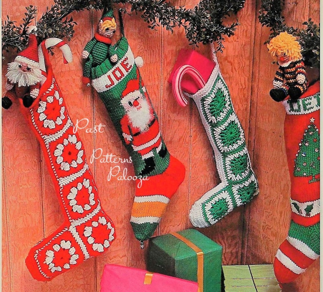 Vintage Christmas Knitting Pattern Tree and Winking Santa Name Stocking ...