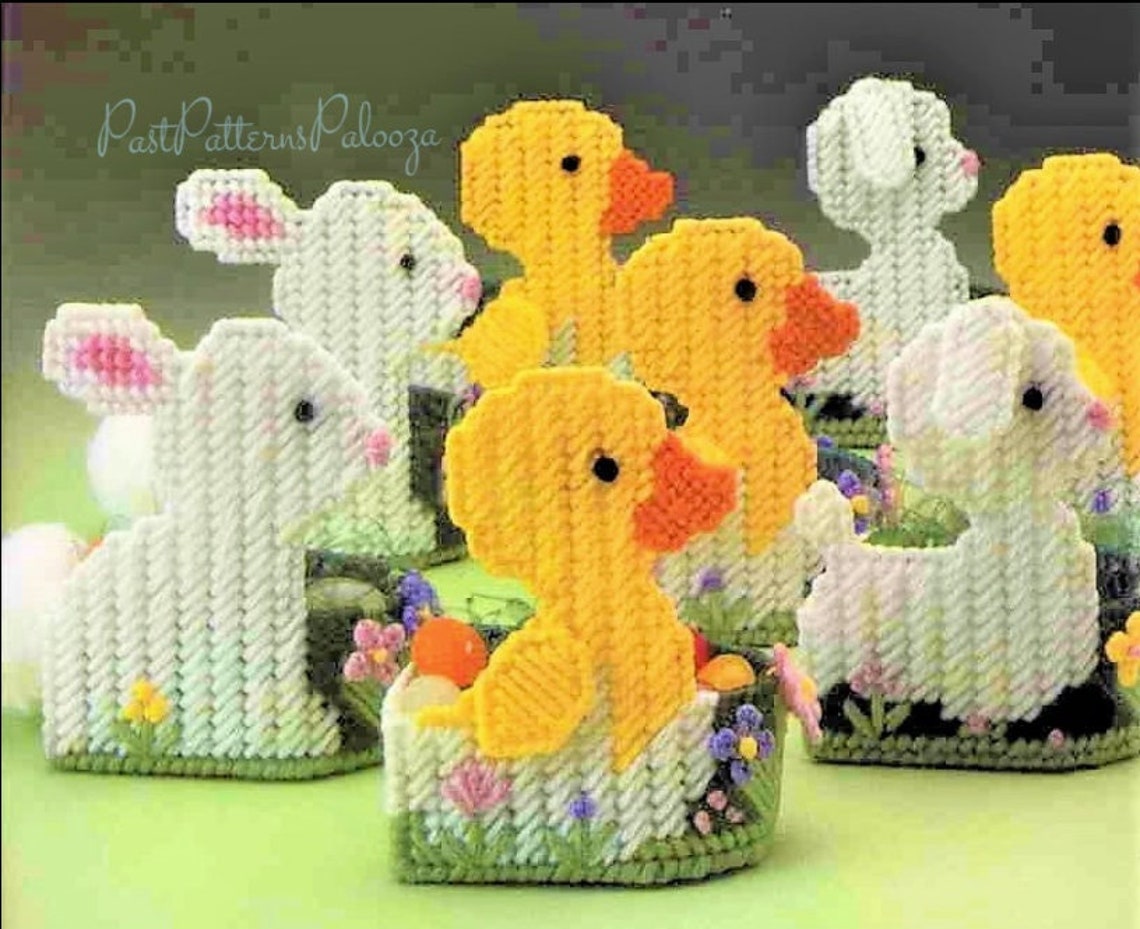 Vintage Plastic Canvas Pattern 4" Spring Bunnies Lambs Chicks Easter Candy Jelly Bean Holders ...