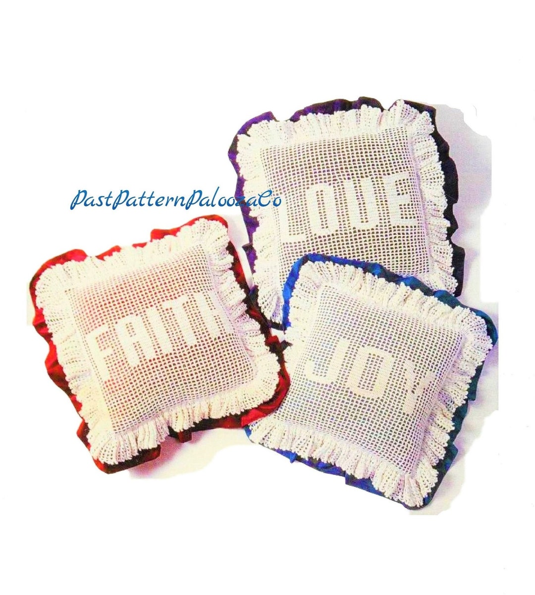 Vintage Filet Crochet Pattern 12" Love Joy Faith Lacy Pillow Fronts PDF ...