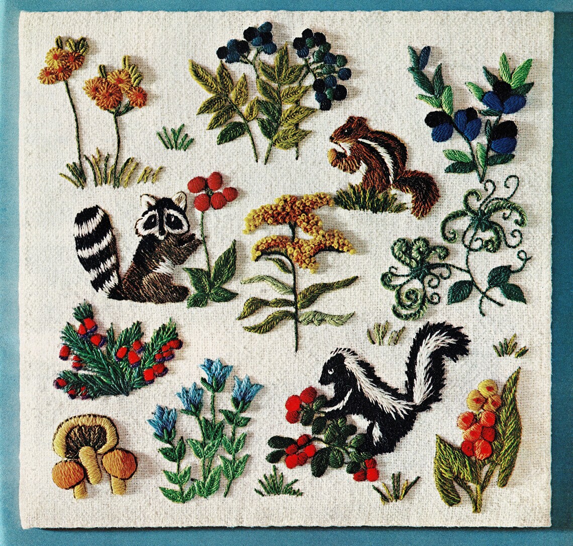 Vintage Crewel Embroidery Pattern Woodland Animals Berries Flower ...