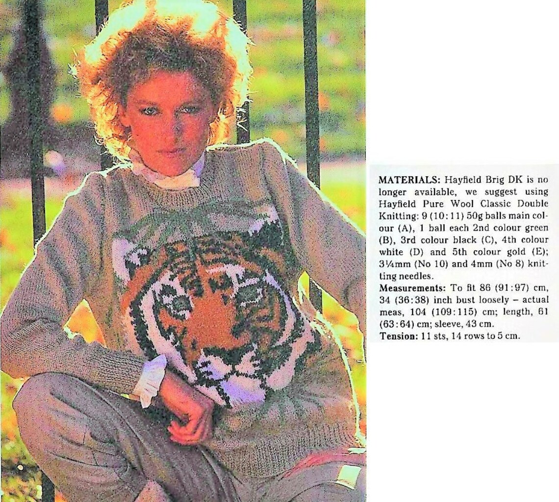 Vintage Knitting Pattern Womens Tiger Face Sweater PDF Instant Digital ...