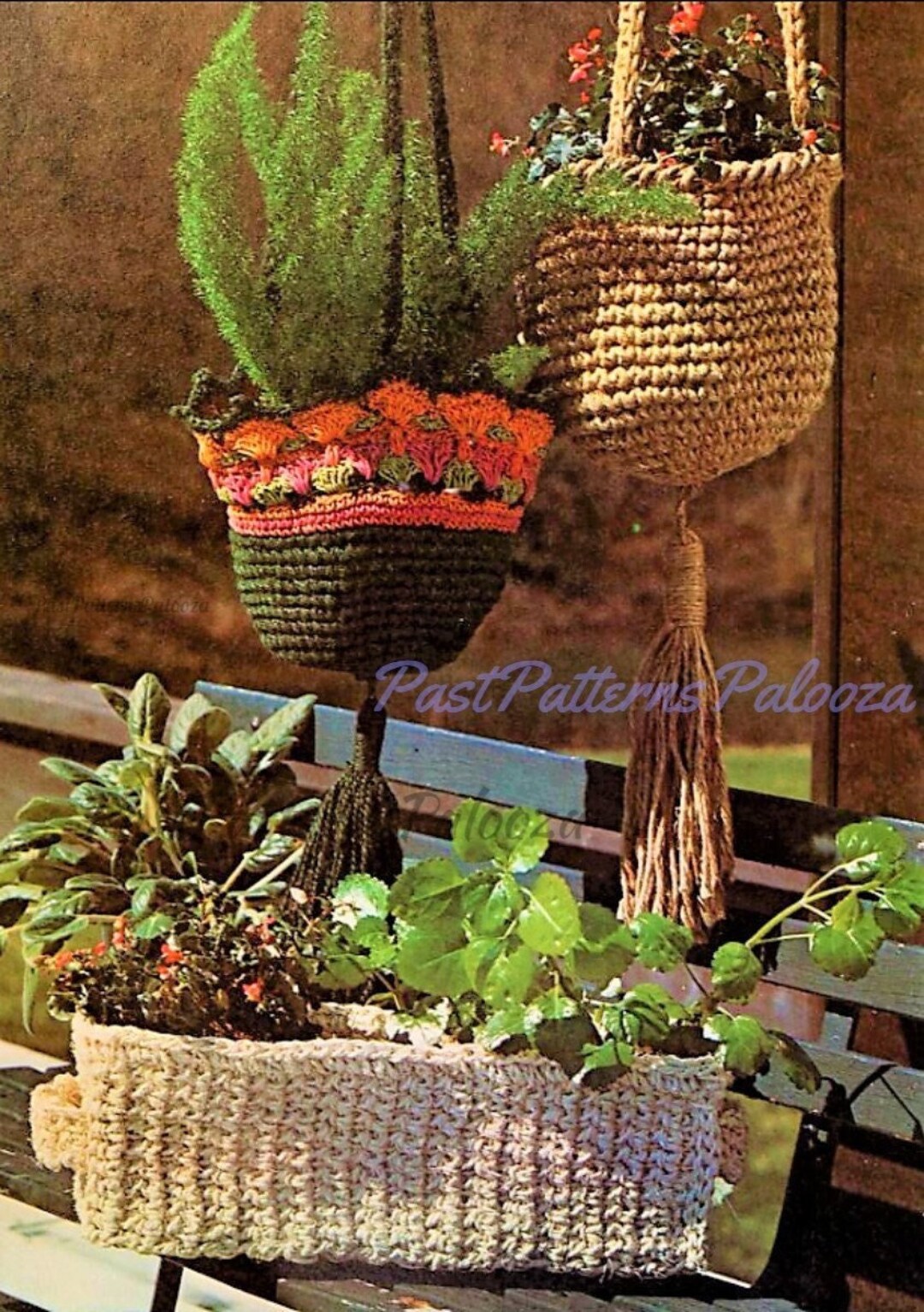 Vintage Crochet Plant Pot Holder Pattern Hanging Basket Planters & Box ...