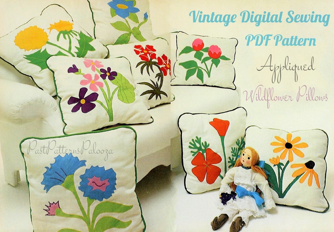 Vintage Sewing Pattern 20" Wildflower Applique Pillows 8 Beautiful ...