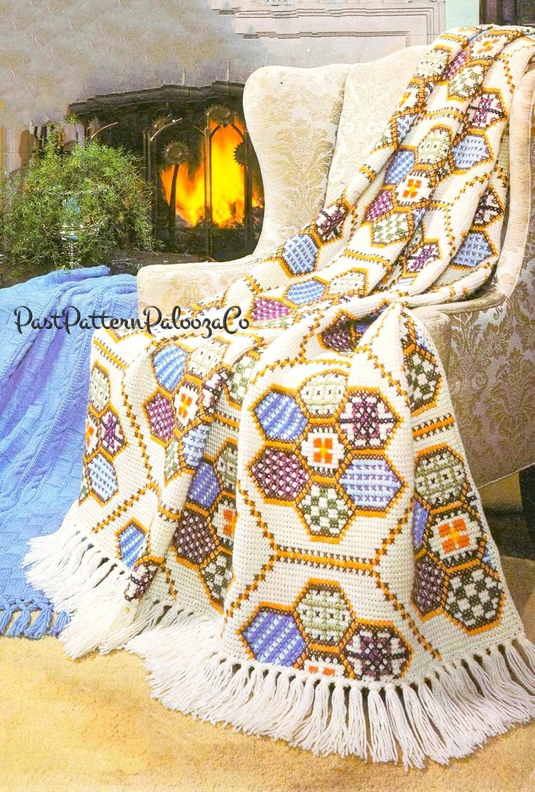 Vintage Crochet Afghan Pattern Patchwork Embroidered Tunisian Stitch PDF Instant Digital ...