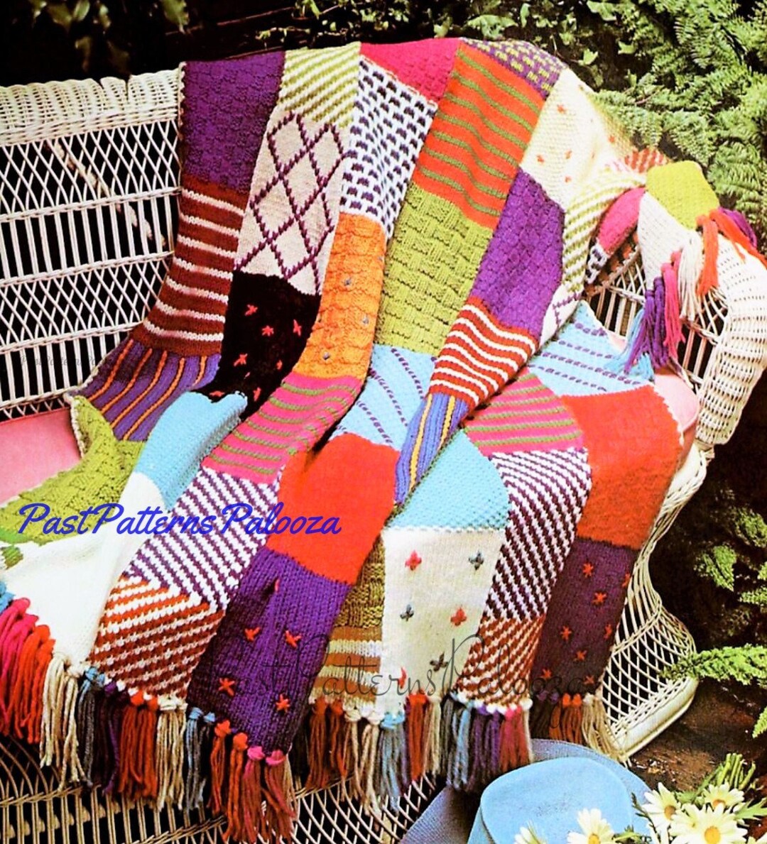 Vintage Knitting Pattern Crazy Quilt Afghan Knitted Patchwork Squares ...