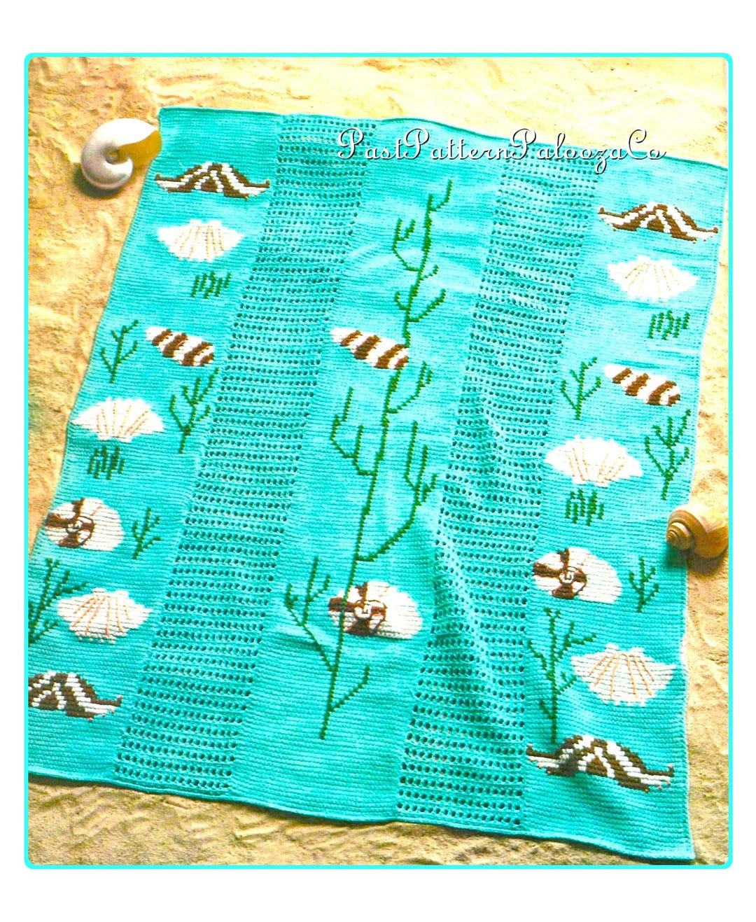 Vintage Crochet Afghan Pattern Seashells & Seaweed Blanket Tunisian ...