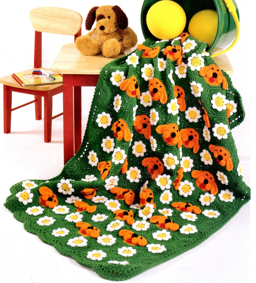 Vintage Crochet Afghan Pattern Puppy Dogs and Daisy Flower Motif Granny ...