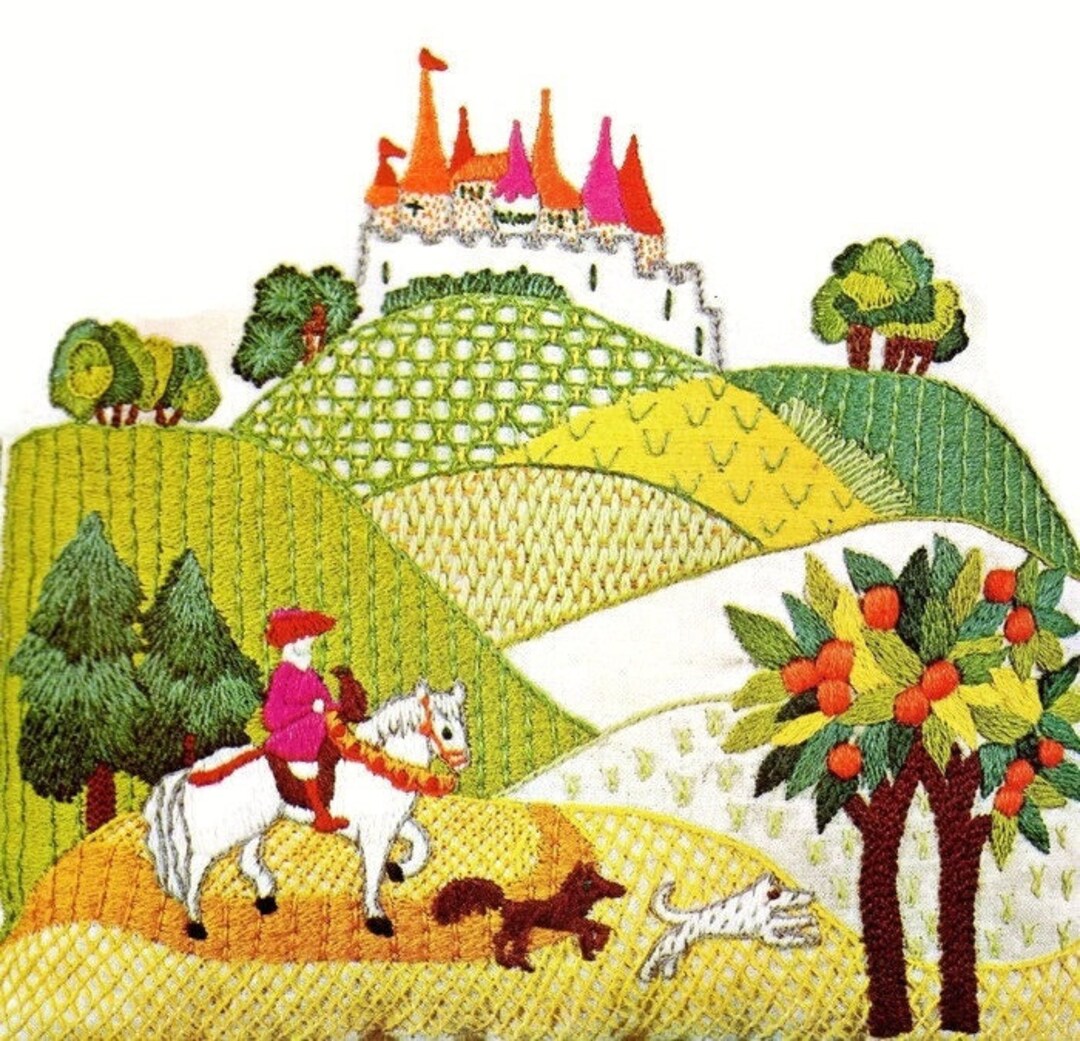 Vintage Crewel Embroidery Pattern Romance Revisited Knight With Dogs ...