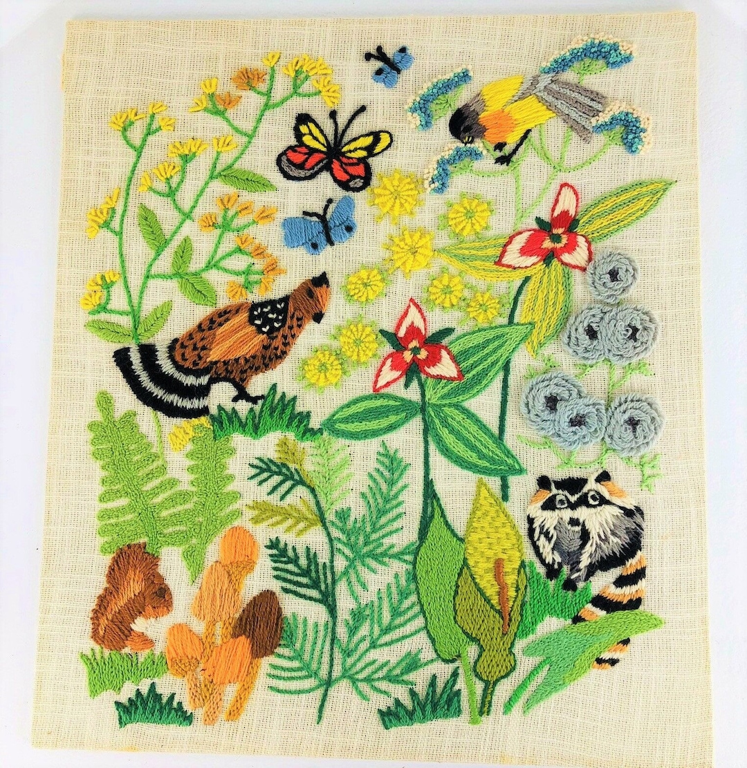 Vintage Crewel Embroidery Pattern Woodland Plants Animals Botanical ...