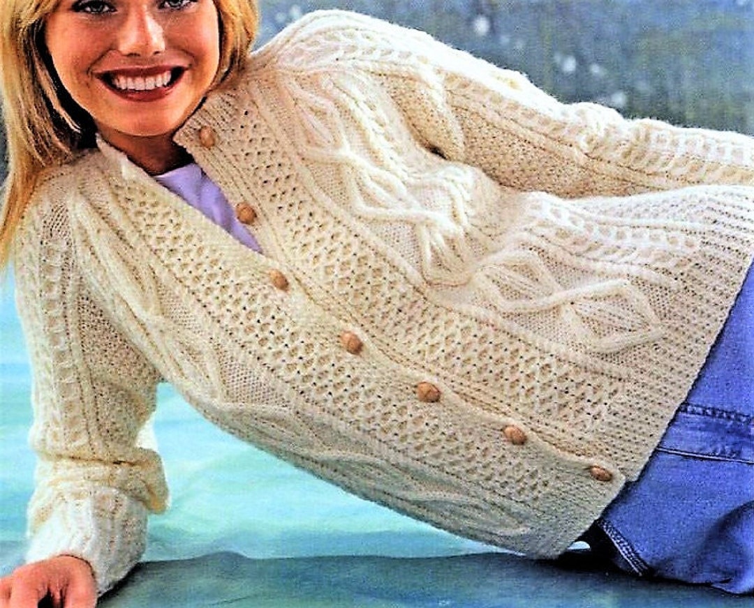 Vintage Knitting Pattern Womens Traditional Cabled Aran Cardigan ...