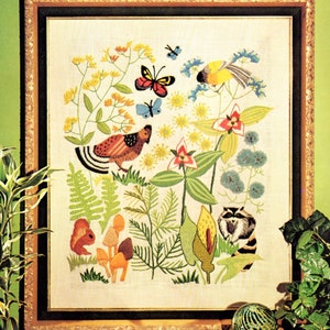 Vintage Crewel Embroidery Pattern Woodland Plants Animals Botanical ...