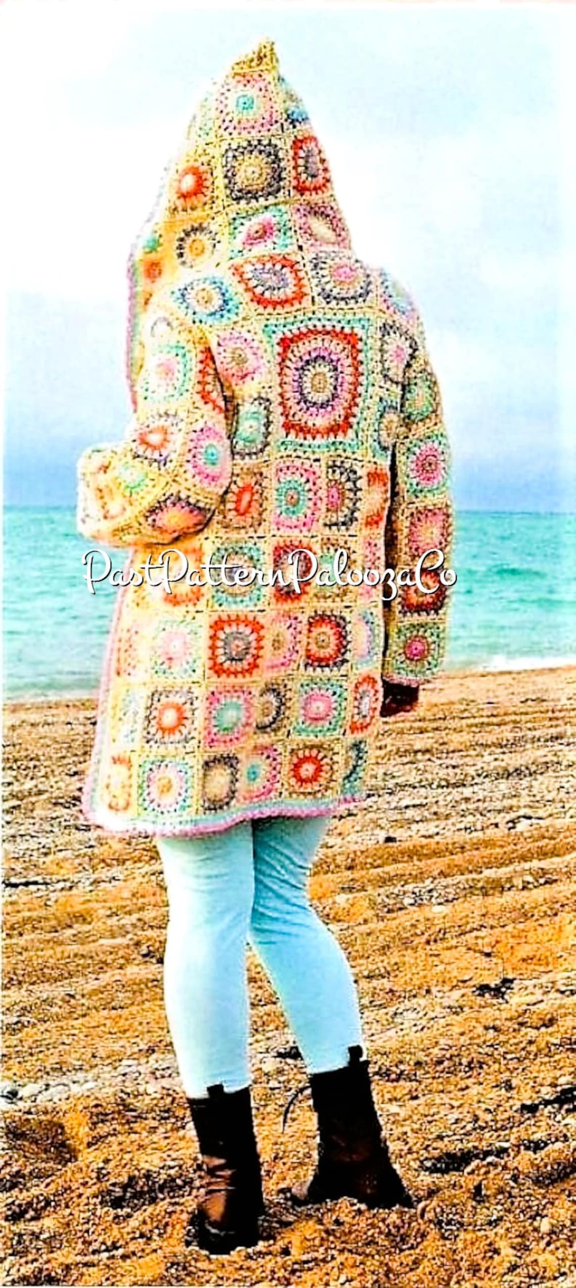 Vintage Crochet Pattern Womens Granny Square Hooded Jacket Patchwork ...