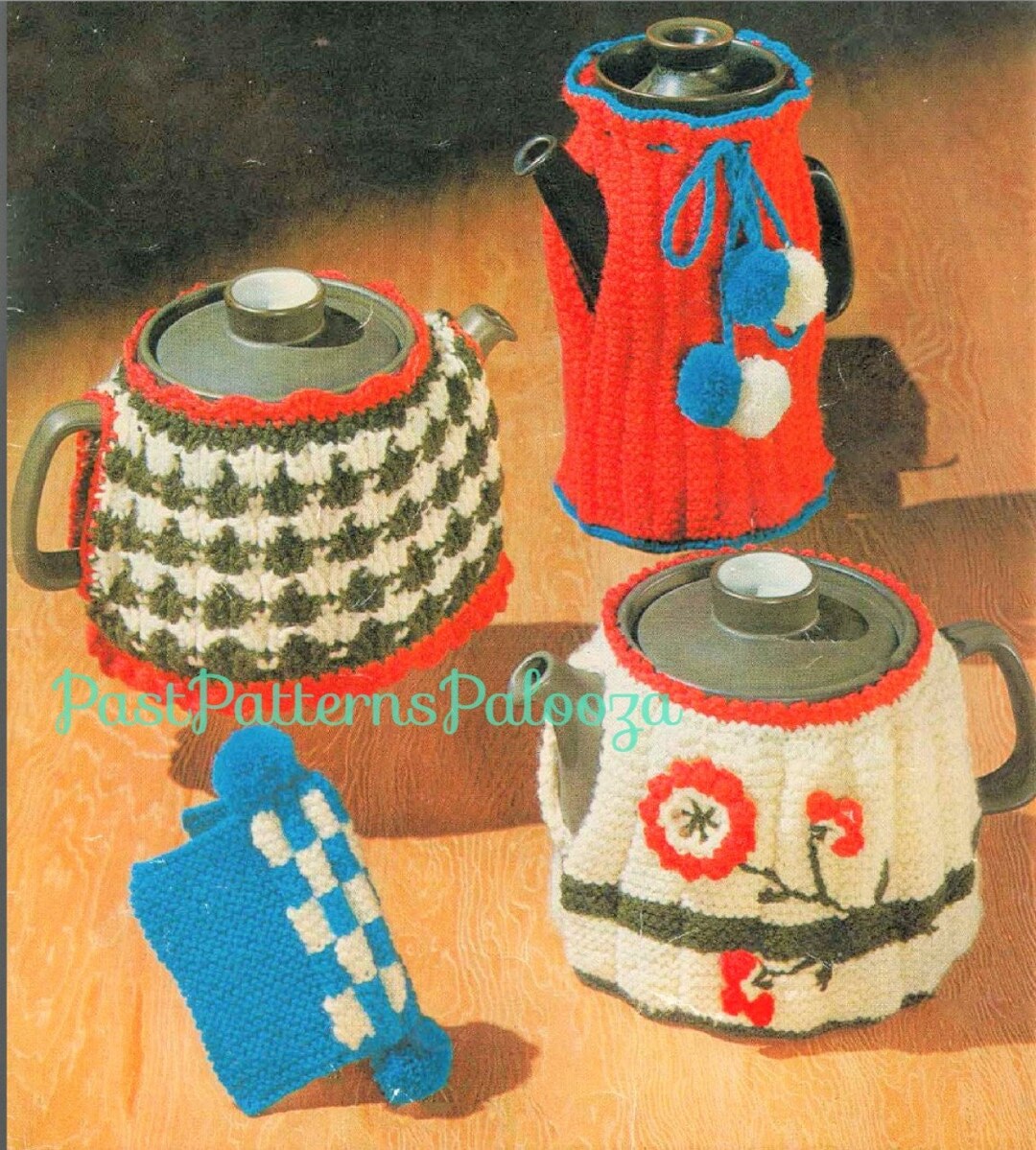 Vintage Knitting Pattern Knit Tea Cosy Coffee Pot Cosies Covers Teapot ...