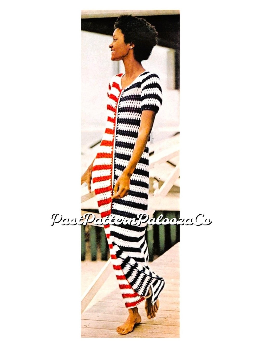 Vintage Crochet Pattern Womens Beachy Striped Maxi Dress Nautical ...