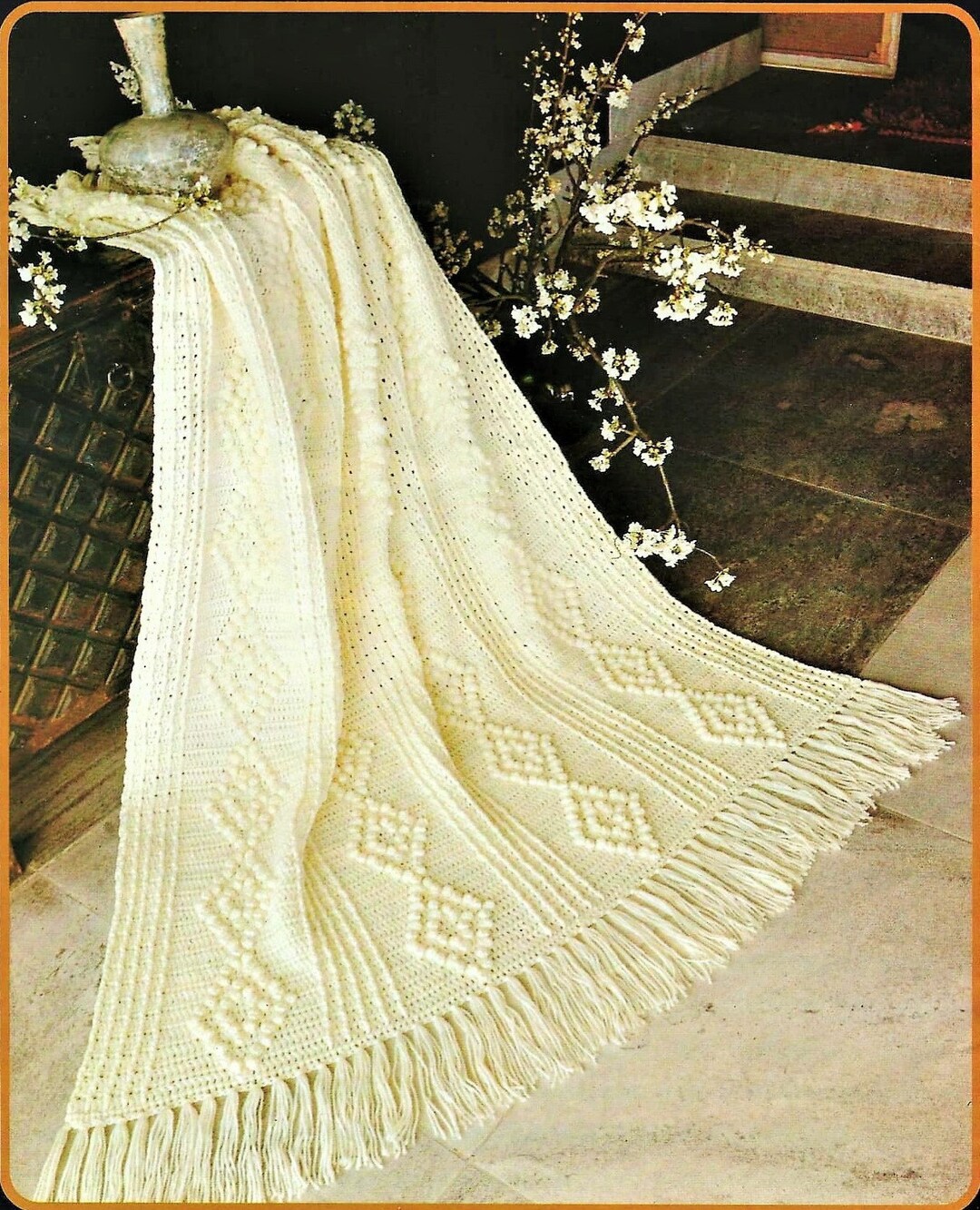 Vintage Crochet Pattern Classic Aran Afghan Paneled Popcorn Diamonds ...