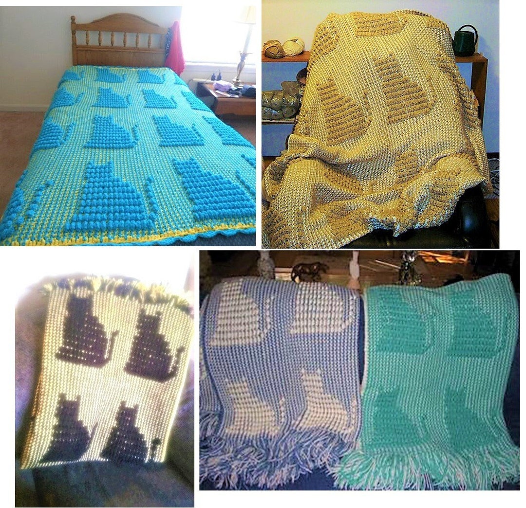Vintage Crochet Pattern Cluster Stitch Kitty Cat Afghan PDF Instant ...