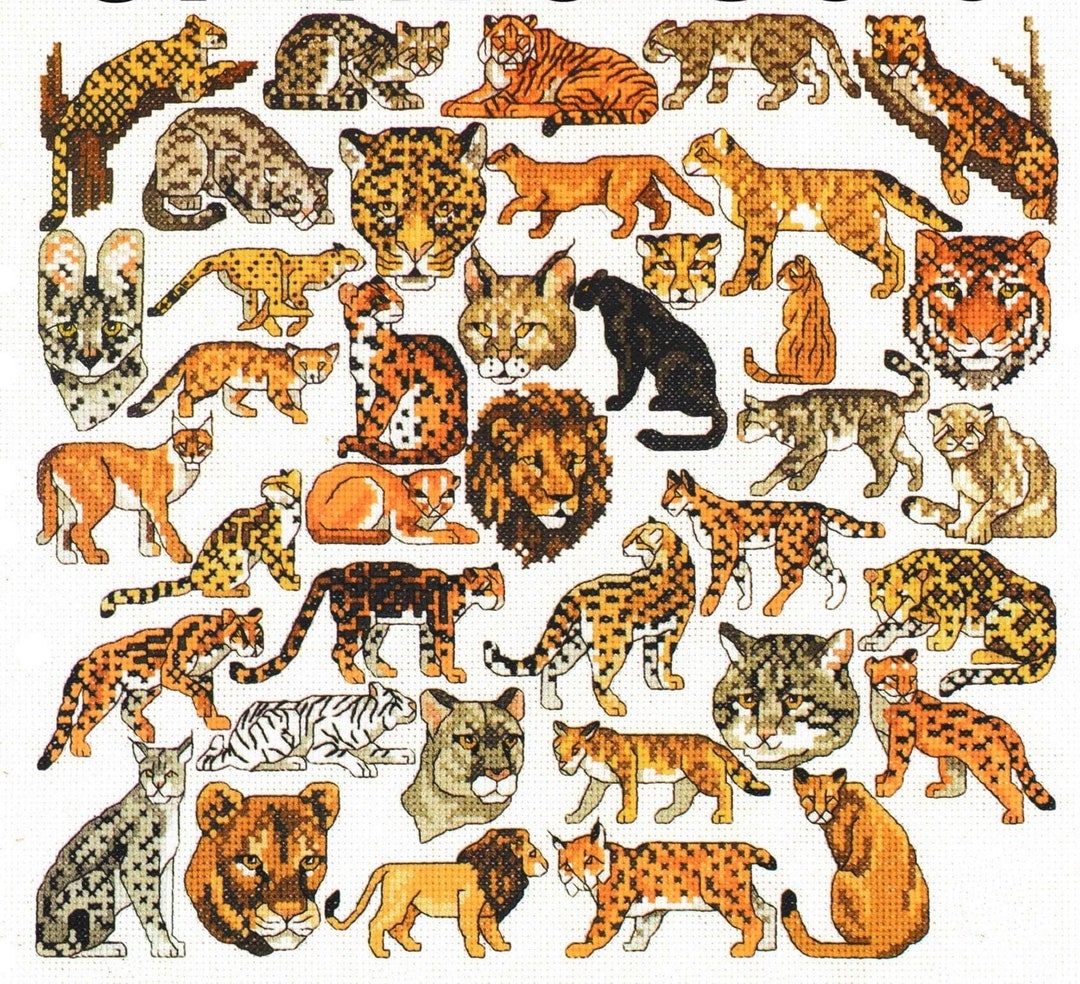 Vintage Cross Stitch Patterns Mini Wild Cat Big Cats Motifs PDF Instant ...