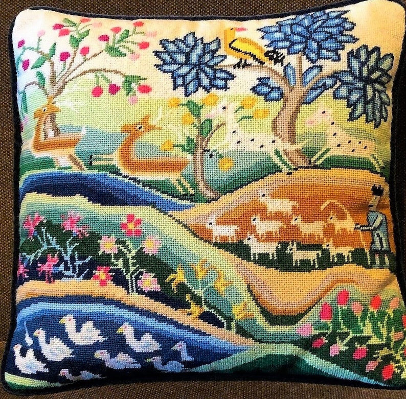 Vintage Crewel Needlepoint Embroidery Pattern Spring Meadows Antique ...