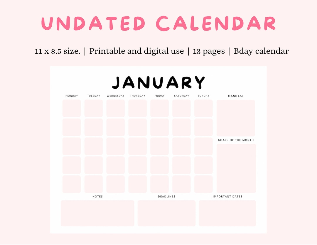 Undated Cute Calendar | 2023 Undated Calendar | Digital Undated ...