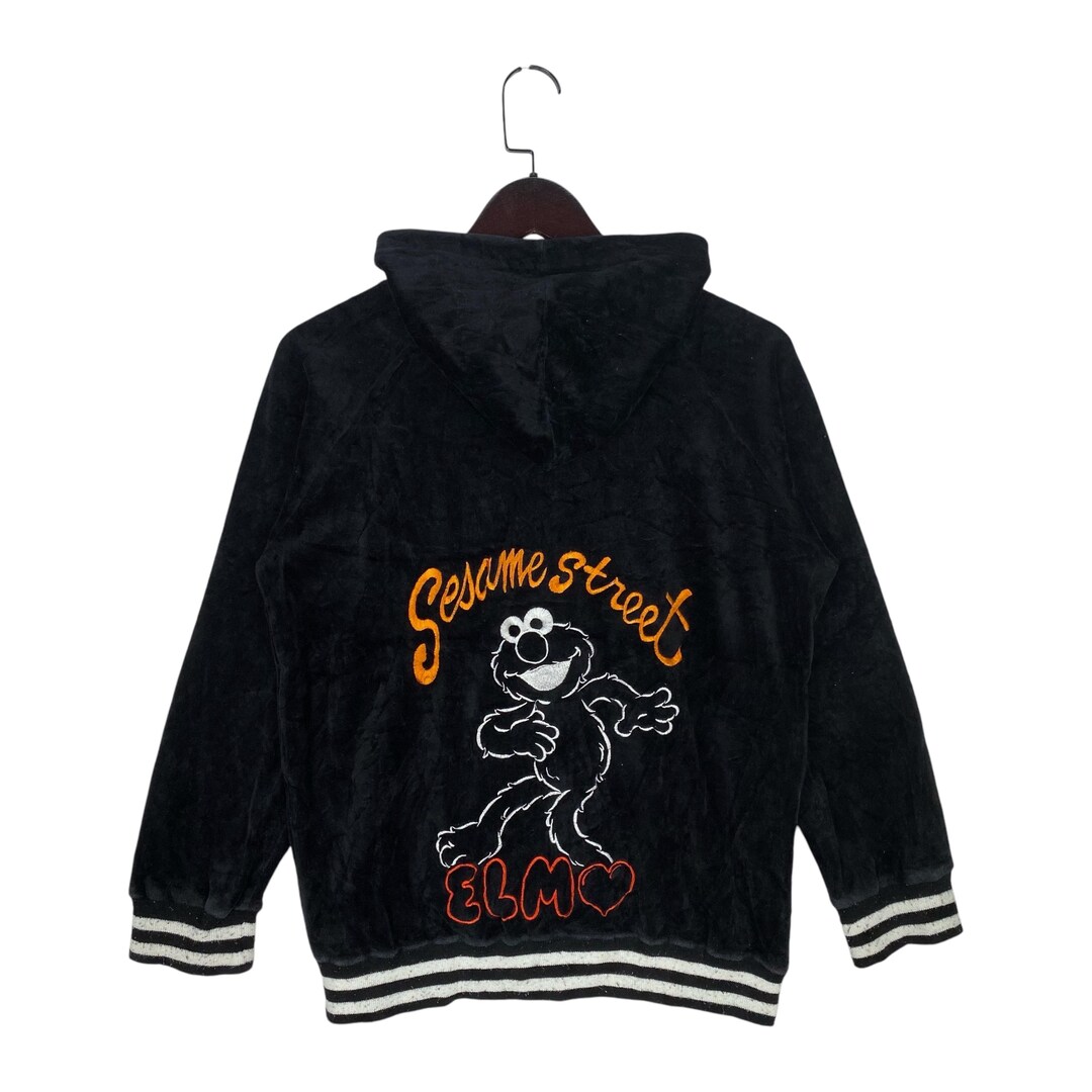 Vintage Sesame Street Elmo Full Zip Hoodie Sweater Black Velvet ...