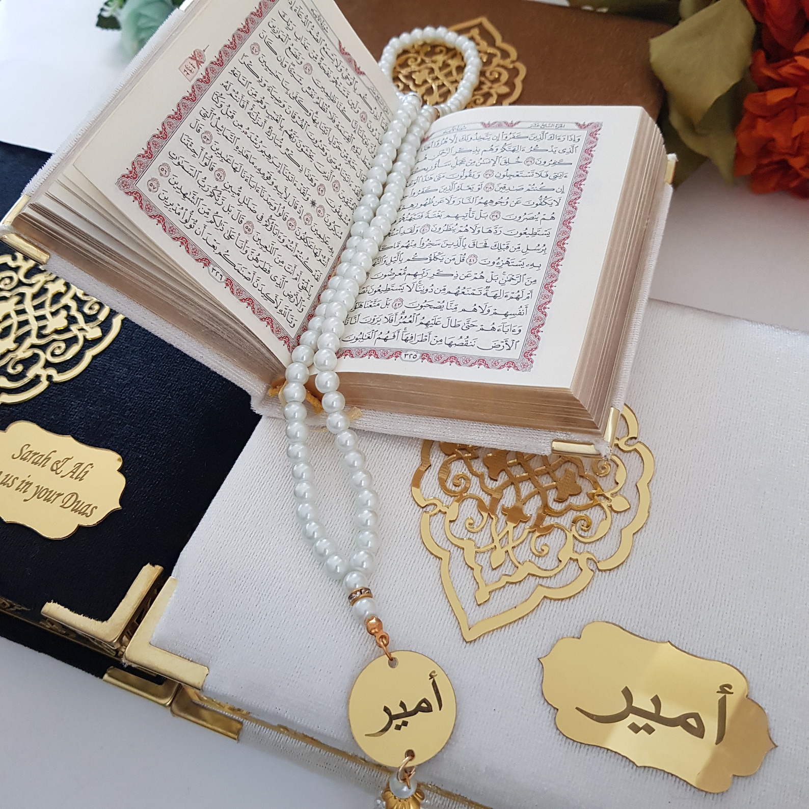 Personalized Prayer Velvet Quran Pearl Prayer Beads Islamic Gift Set ...