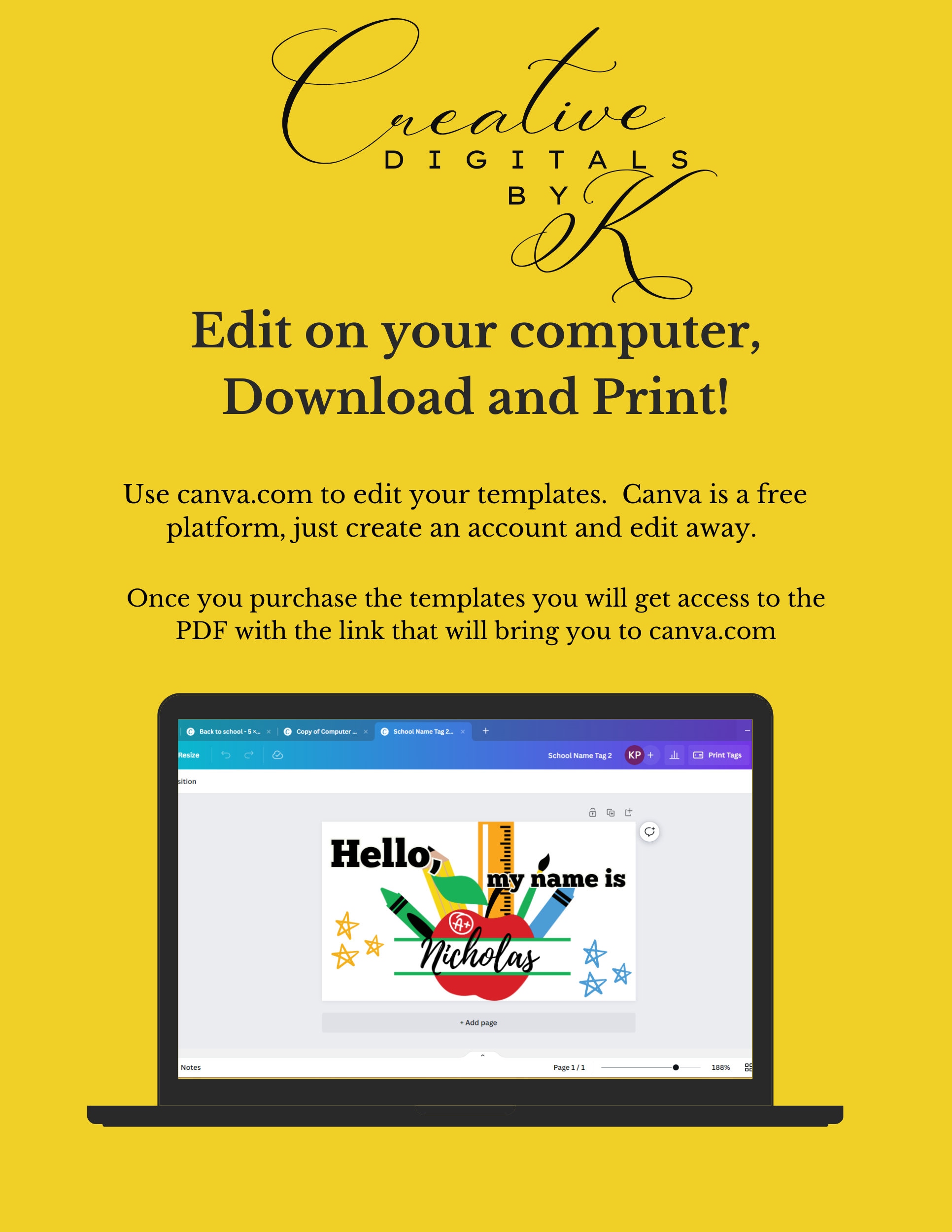 Kids School Name Tag Template School Supplies Design Digital - Etsy