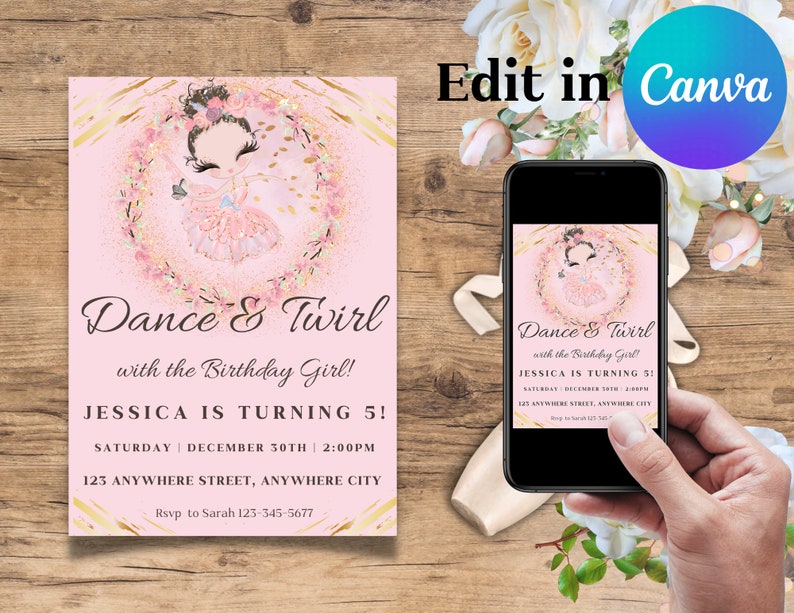 Dance & Twirl Ballet Birthday Invitation Template, Editable Instant ...