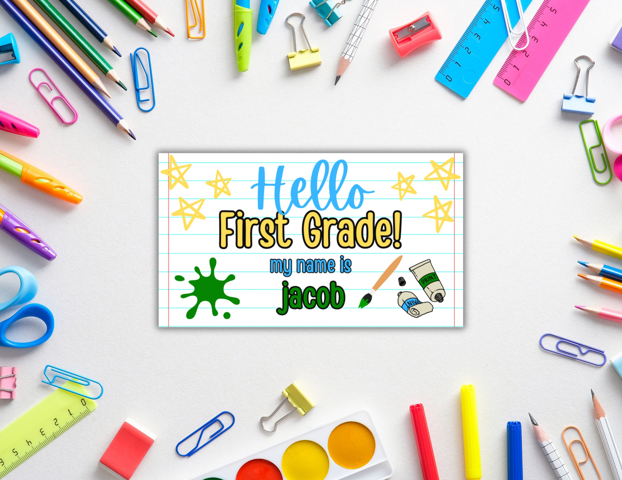 Hello First Grade Name Tag Template, Kids School Name Tag, Digital ...