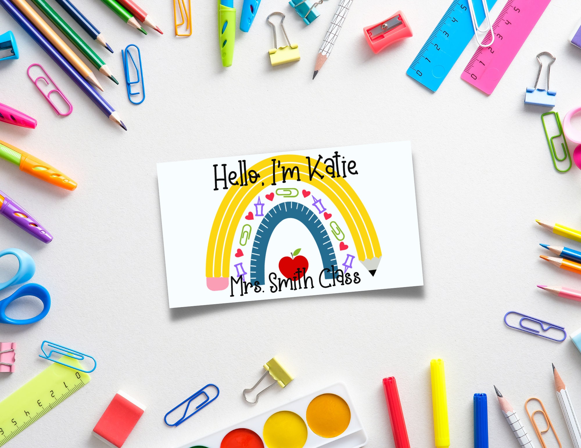 School Name Tag Template, School Supplies Rainbow Name Tag, Digital ...