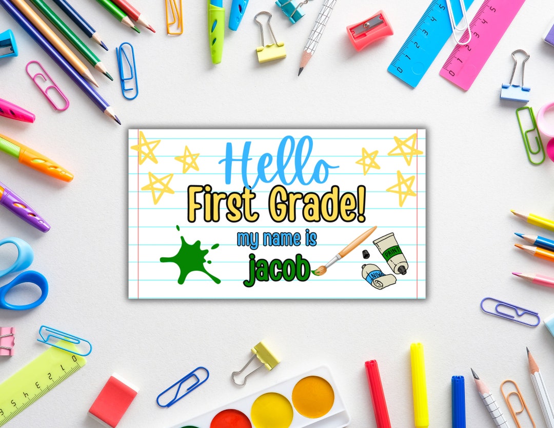 Hello First Grade Name Tag Template Kids School Name Tag - Etsy