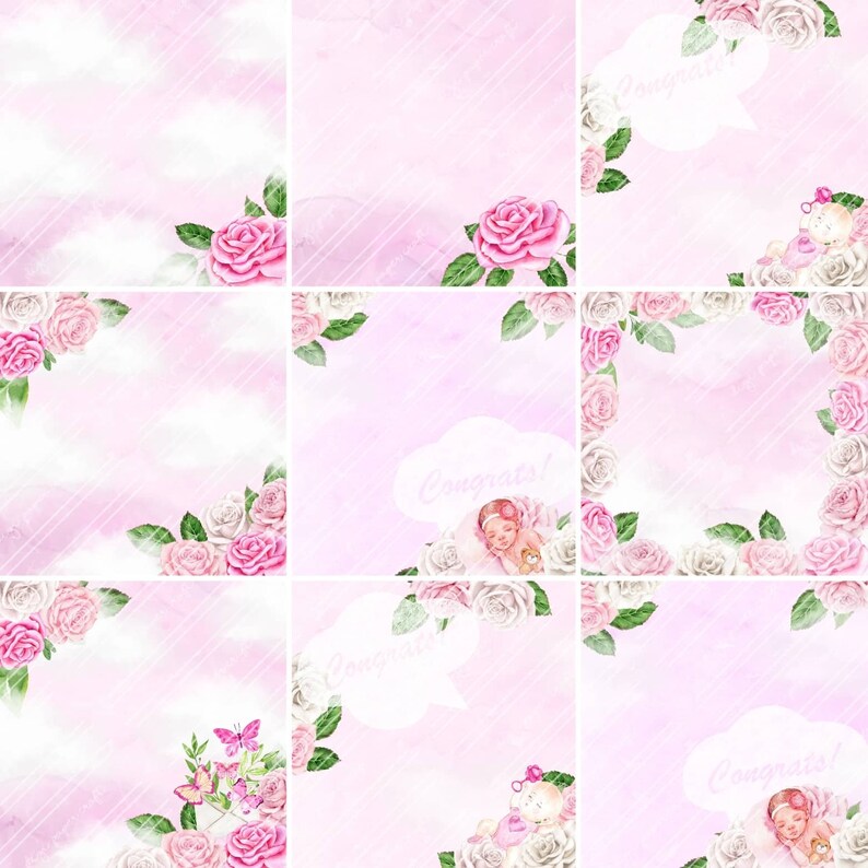 Heavenly Pink. Baby Girl Digital Scrapbooking Paper. Pink Rose, Clouds ...