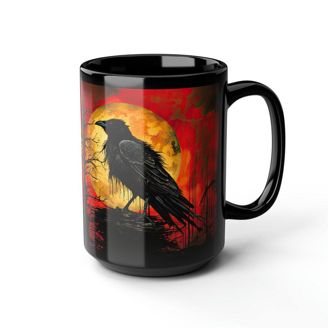 Red Sky Raven Under A Full Moon Black Coffee Mug, 15oz - Dark Fantasy ...