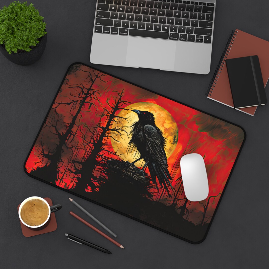 Red Sky Raven in Front of a Full Moon Desk Mat - Fantasy Art Gaming Pad ...