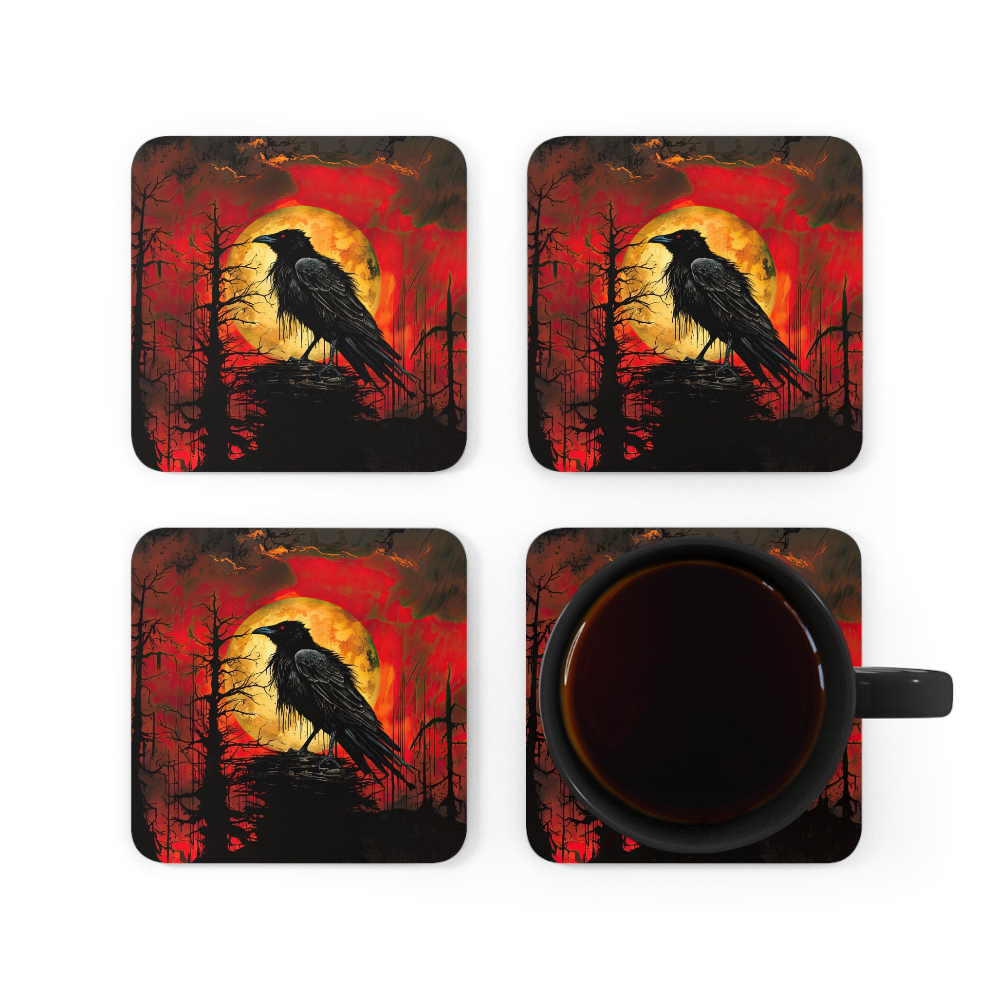 Raven Full Moon Red Sky Fantasy Art Corkwood Coaster Set - Etsy