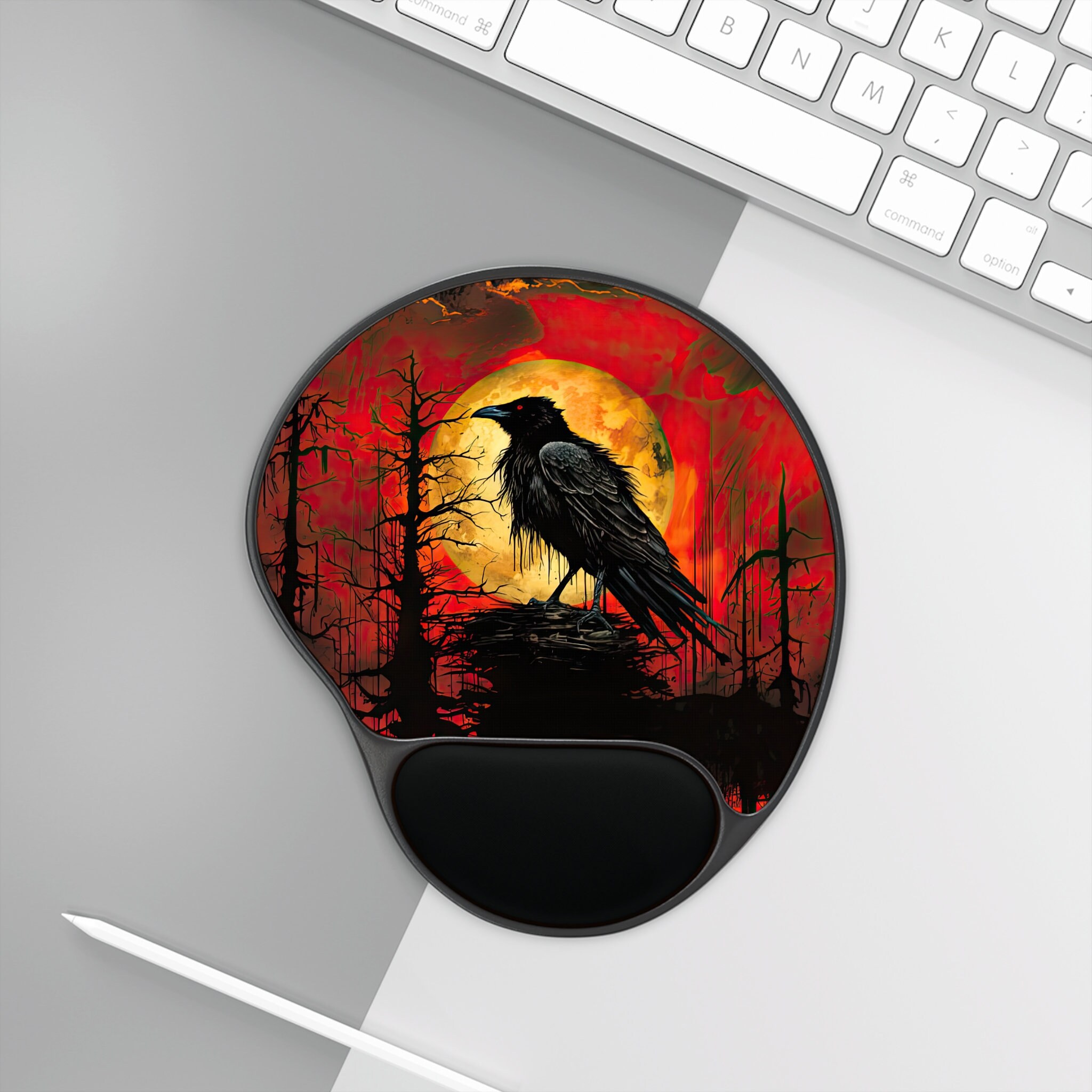 Raven Full Moon Red Sky Fantasy Art Mouse Pad With Wrist Rest sold by ...