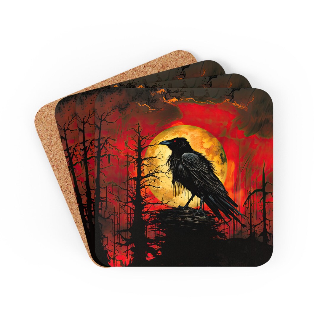 Raven Full Moon Red Sky Fantasy Art Corkwood Coaster Set - Etsy