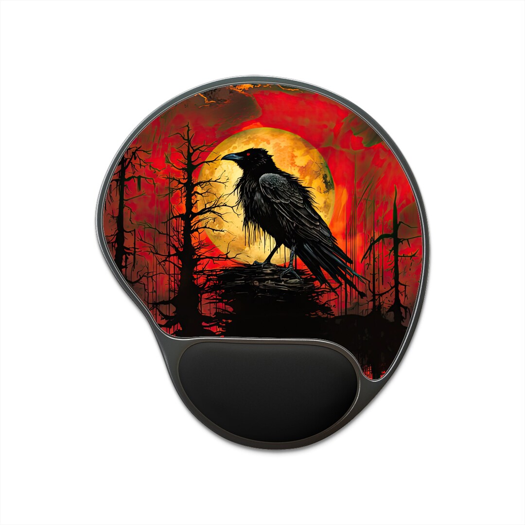 Raven Full Moon Red Sky Fantasy Art Mouse Pad With Wrist Rest - Etsy