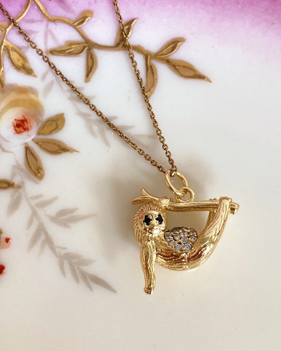 Sloth Sanctuary Gemstone Pendant Necklace, 24k Gold Vermeil, Zirconia ...