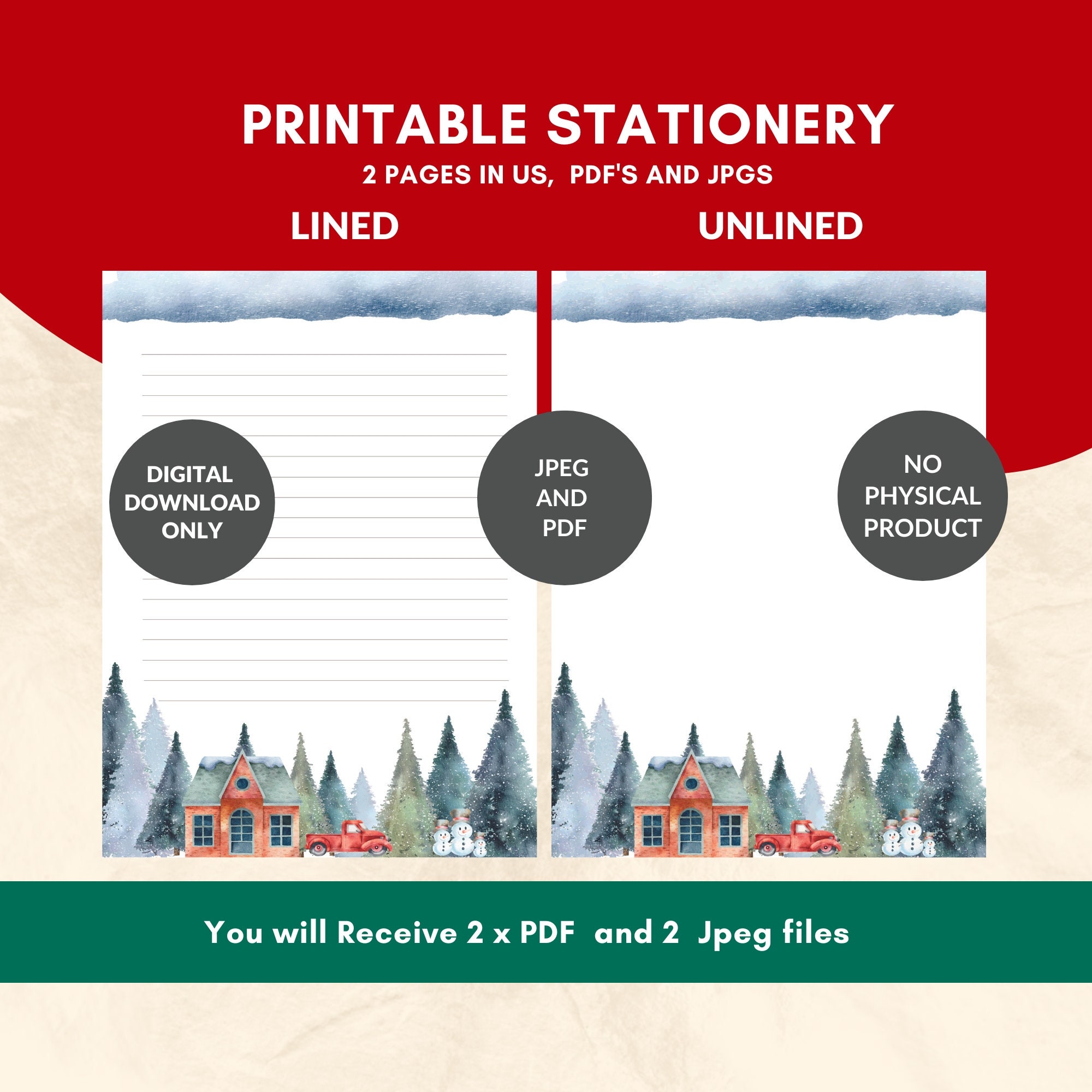 Printable Stationery US Letter Size Christmas Lined and - Etsy