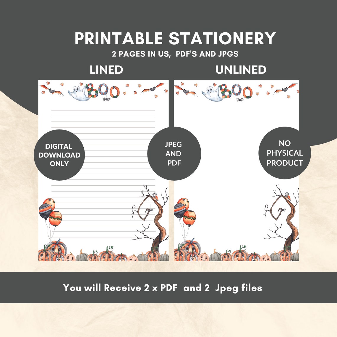 Printable Stationery, US Letter Size Halloween Paper Lined and Unlined ...