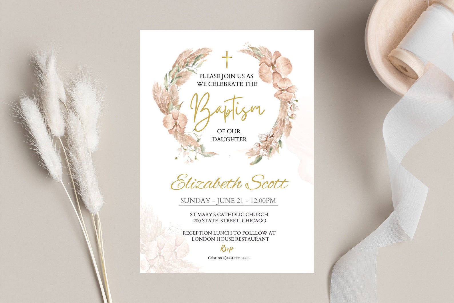 Baptism Invitation, Pampas Grass Baptism Invitation, Christening ...